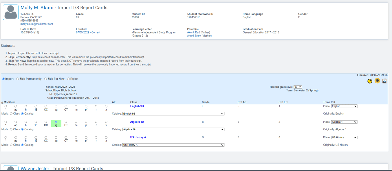 Report Cards: Importing Finalized Report Card into Transcript