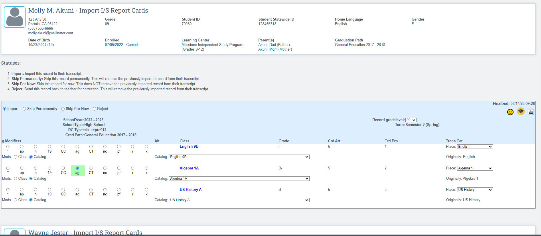 Report Cards: Importing Finalized Report Card into Transcript