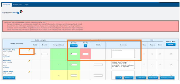 Report Cards: Manage from Report Card Dashboard