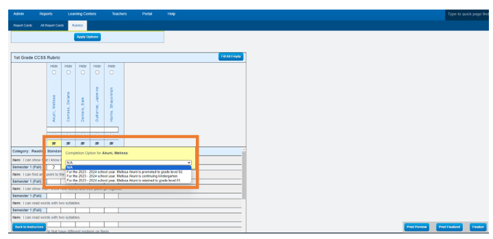 Report Cards: Print/Update Rubrics