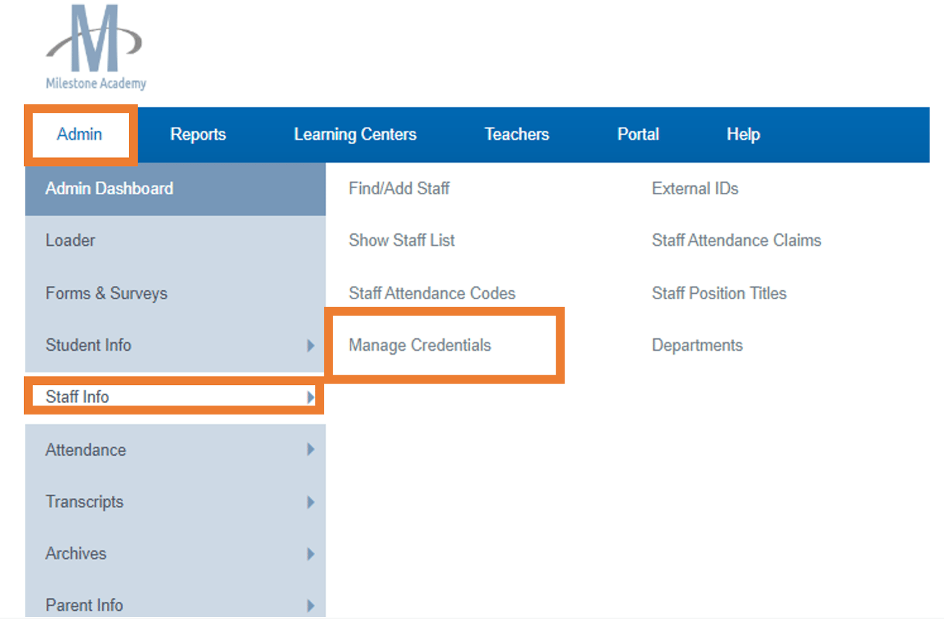 Admin Manage Credentials: Staff Credential Setup